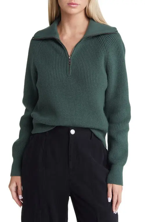 OPEN EDIT Half Zip Cotton Blend Rib Sweater - Green Cilantro