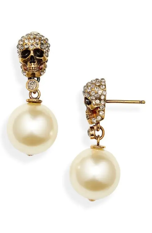 Alexander McQueen Swarovski Crystal Pavé Skull & Imitation Pearl Drop Earrings - 2375 Antique Gold - Pearl