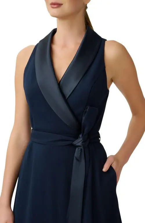 Adrianna Papell Satin Trim Crepe Midi Tuxedo Dress