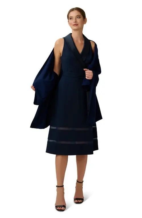 Adrianna Papell Satin Trim Crepe Midi Tuxedo Dress