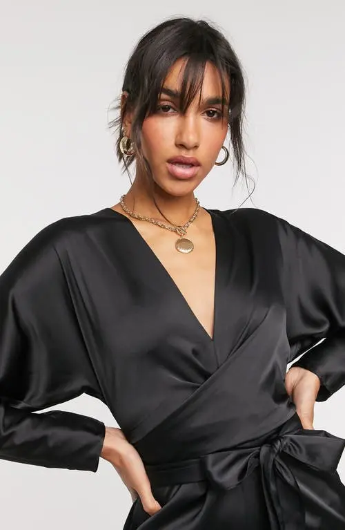Asos Batwing Long Sleeve Faux Wrap Satin Mini Dress