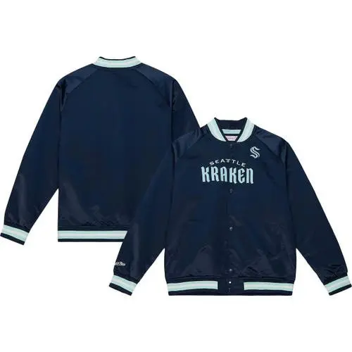 Mitchell & Ness Deep Sea Blue Seattle Kraken Satin Full-snap Raglan Varsity Jacket