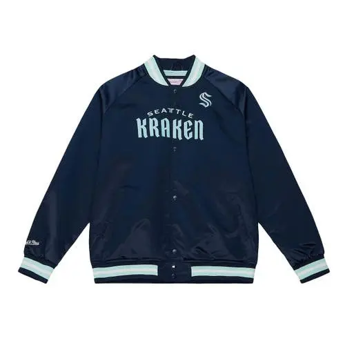 Mitchell & Ness Deep Sea Blue Seattle Kraken Satin Full-snap Raglan Varsity Jacket