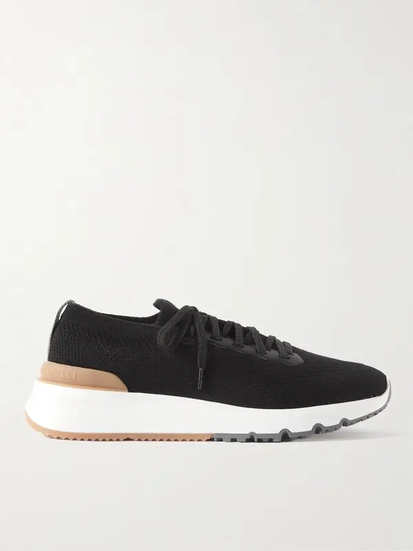Brunello Cucinelli Leather-trimmed Stretch-knit Sneakers - Black