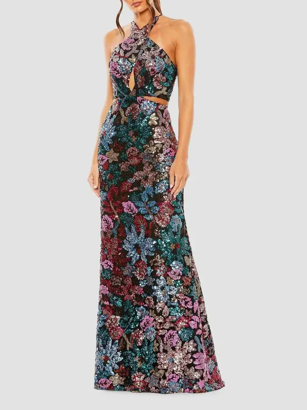 Mac Duggal Floral Sequined Cut-out Halter Gown