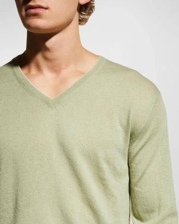 Neiman Marcus Extra Lightweight Wool-cashmere V-neck Sweater - Light Green
