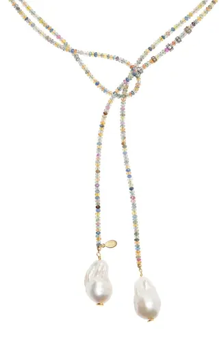 JOIE DIGIOVANNI Rainbow Sapphire Diamond Baroque Pearl Lariat Necklace