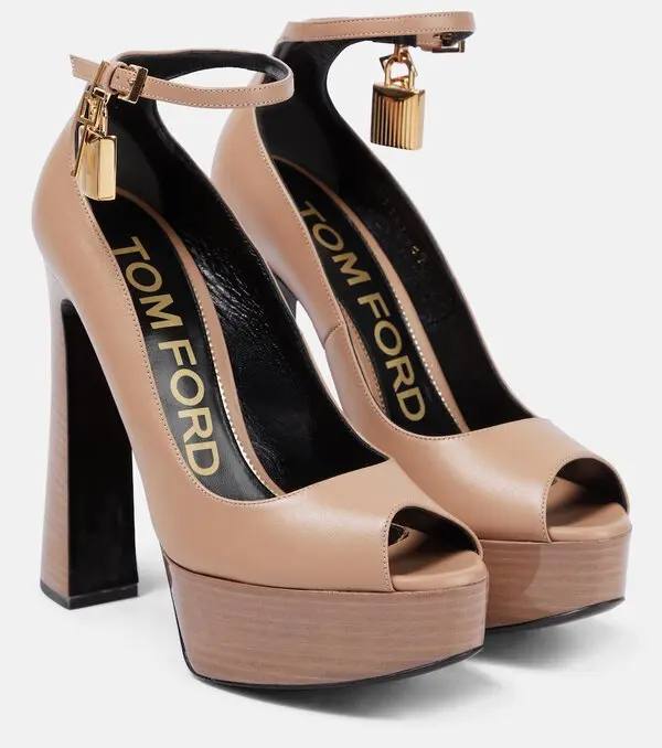 TOM FORD Padlock Platform Leather Sandals - Beige