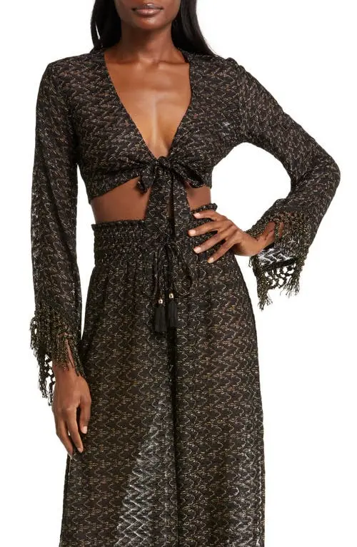 Ramy Brook Elvira Lace Metallic Cover-up Top - Black Zigzag