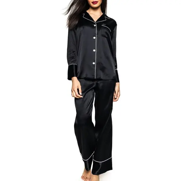 PETITE PLUME Contrast Piping Silk Pajamas - Black