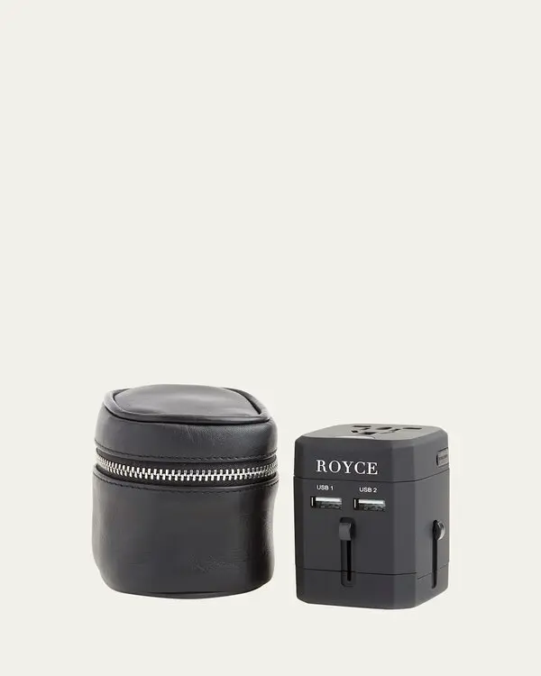 ROYCE NEW YORK International Travel Adapter & Monogrammed Leather Case Set - Black