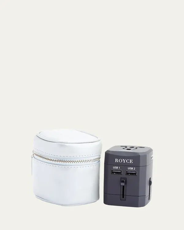ROYCE NEW YORK International Travel Adapter & Monogrammed Leather Case Set - Silver