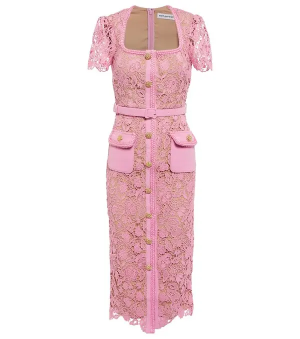 Self-Portrait Guipure Lace Midi Dress In Pink - 30% Off | Editorialist