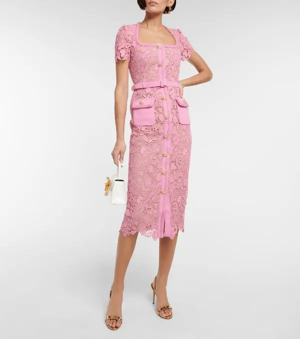 Self-Portrait Guipure Lace Midi Dress In Pink - 30% Off | Editorialist