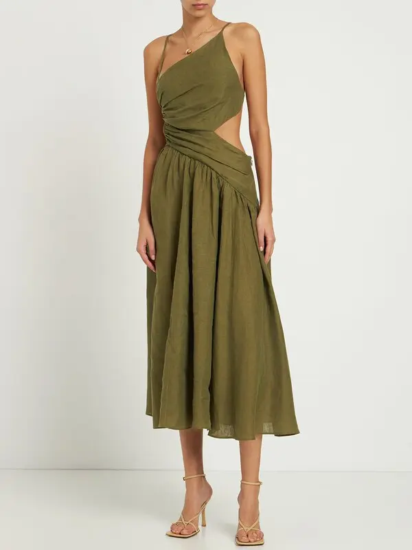 Zimmermann Laurel Asymmetric Linen Midi Dress In Olive Green - 45% Off