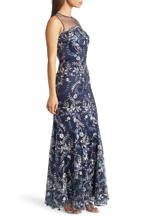 Eliza J Floral Sequin Embroidered Sheer Yoke Gown