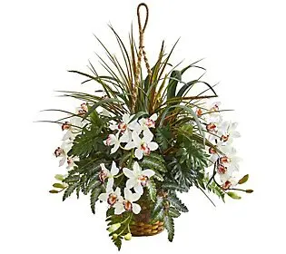 NEARLY NATURAL Cymbidium & Mixed Greens Hanging Basket Near Ly Natural - One-color