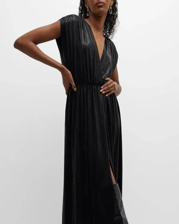 Norma Kamali Athena Deep V Lame Slit Gown