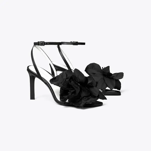Tory Burch Flower Heeled Sandal - Perfect Black