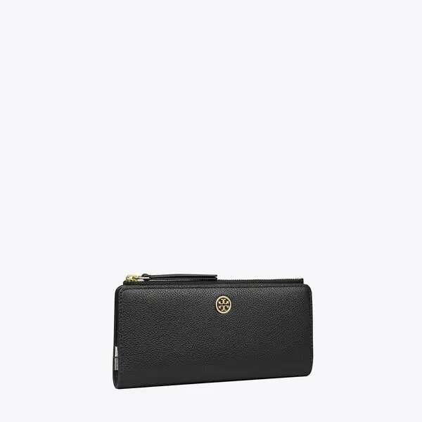 Tory Burch Robinson Pebbled Zip Slim Wallet - Black