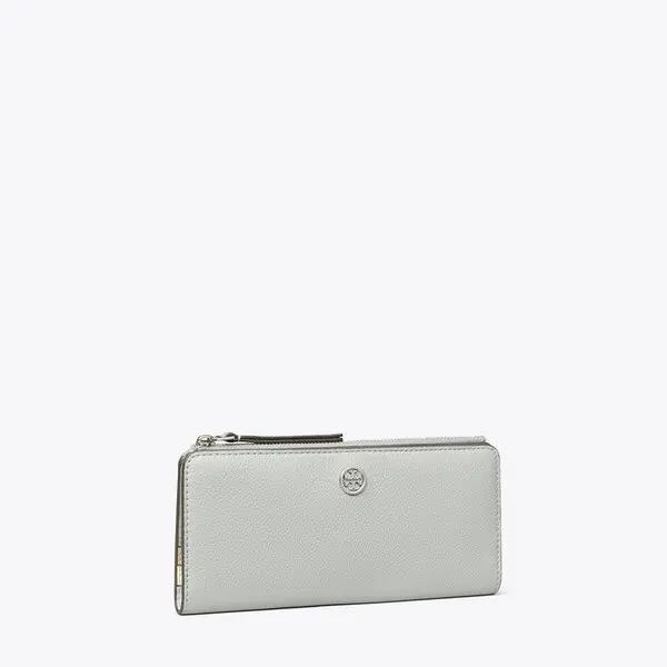 Tory Burch Robinson Pebbled Zip Slim Wallet - Light Granite