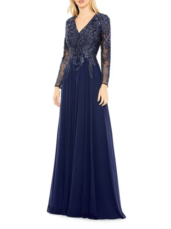 Mac Duggal Embellished Illusion V-neck Gown - Navy