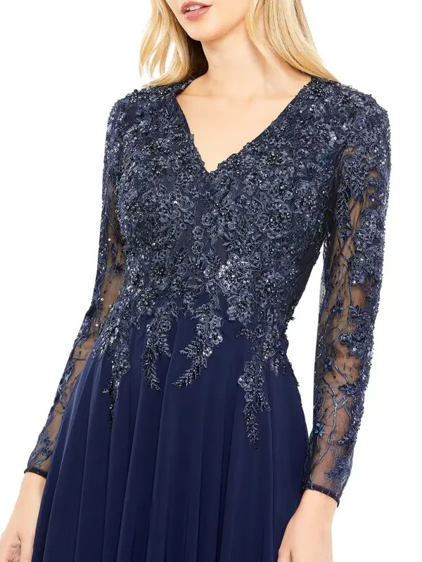 Mac Duggal Embellished Illusion V-neck Gown - Navy