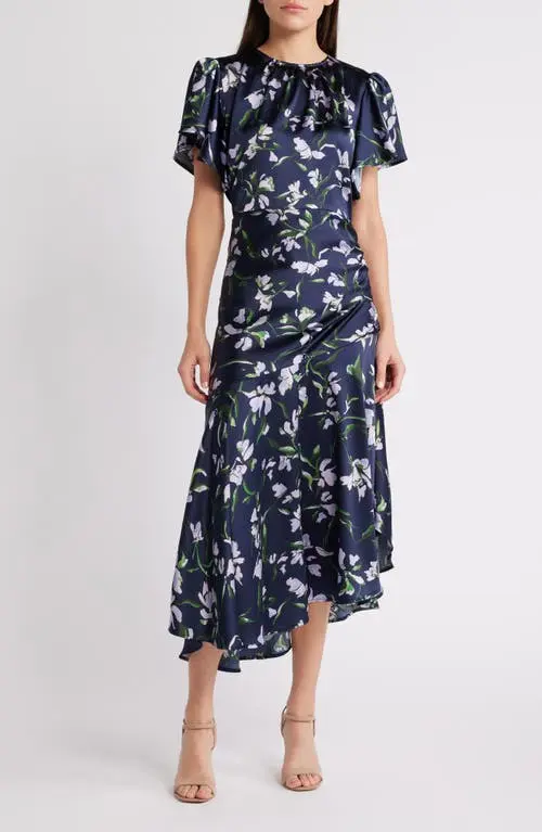 Chelsea28 Flutter Sleeve Asymmetric Hem Dress In Navy Floral Stroll - 45%  Off