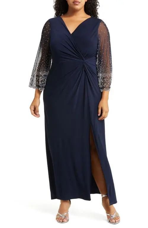 Alex Evenings Long Sleeve Surplice Neck Evening Dress