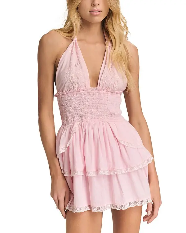 LoveShackFancy Deanna Cotton Halter Mini Dress - Pink