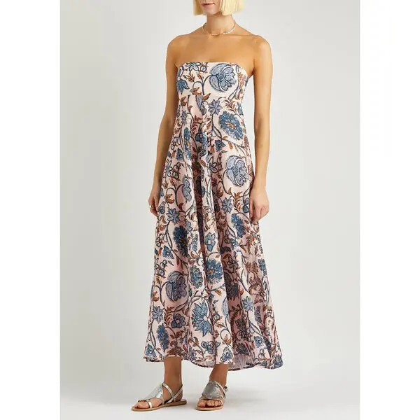 Zimmermann Vitali Floral-Print Strapless Linen Maxi Dress - Multicoloured |  Editorialist