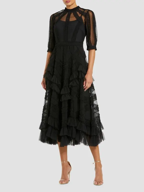 Mac Duggal High-neck Gathered Tulle Midi-dress - Black