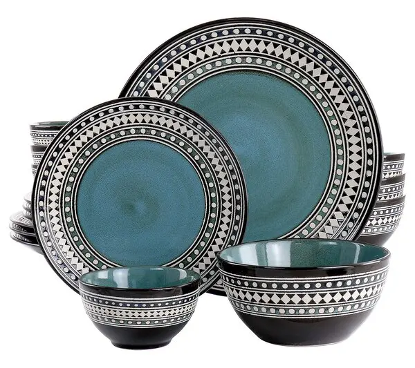ELAMA Blue Sage 16-piece Double Bowl Stoneware Dinnerware Set - One-color