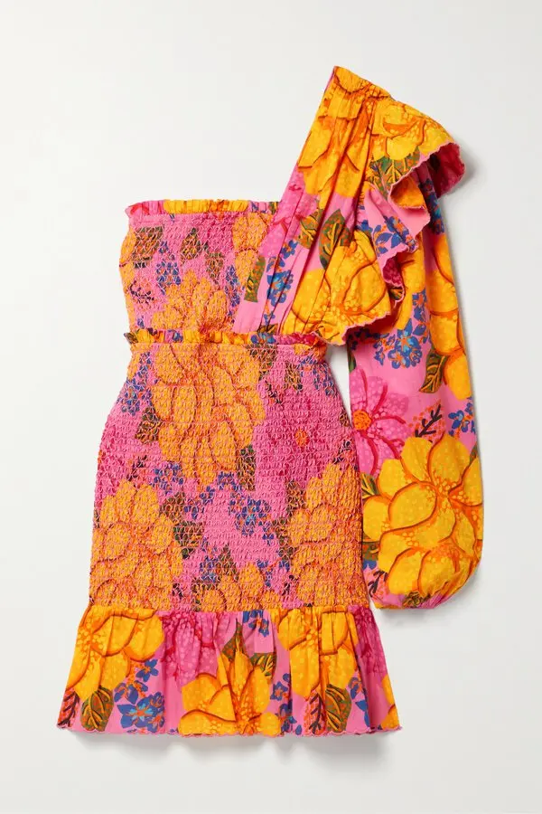 Farm Rio One-sleeve Smocked Floral-print Cotton-voile Mini Dress