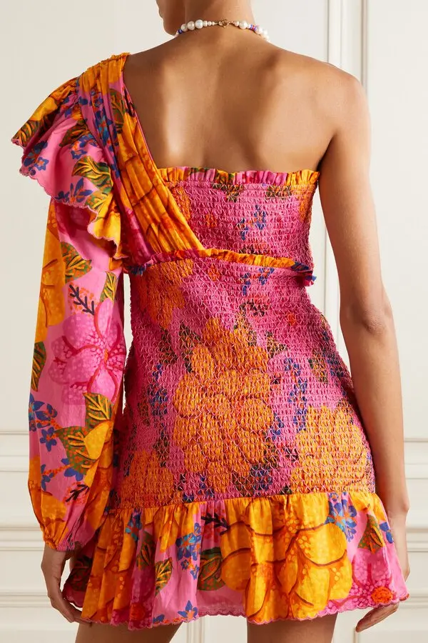 Farm Rio One-sleeve Smocked Floral-print Cotton-voile Mini Dress