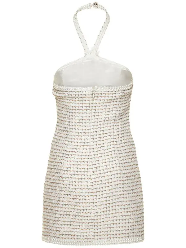 slim fit dress slacks Ashlyn Halter Tweed Mini Dress in White & Gold