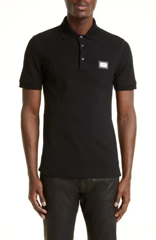 Dolce & Gabbana Logo Plate Cotton Piqué Polo - Black