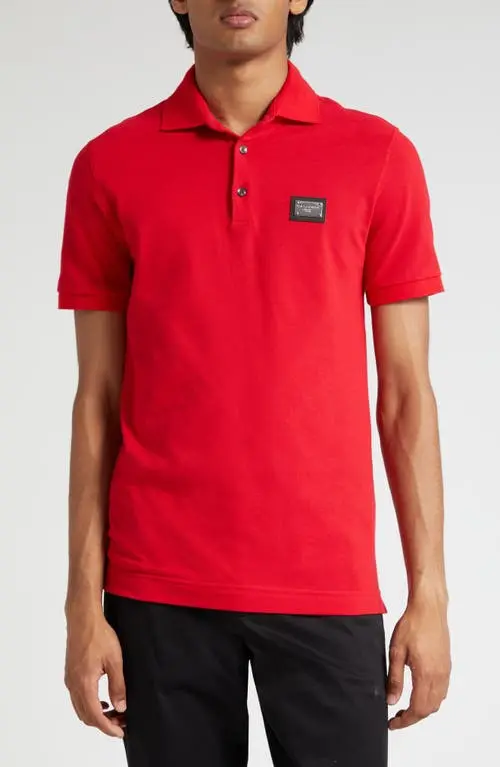Dolce & Gabbana Logo Plate Cotton Piqué Polo - Bright Red