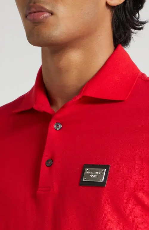 Dolce & Gabbana Logo Plate Cotton Piqué Polo - Bright Red