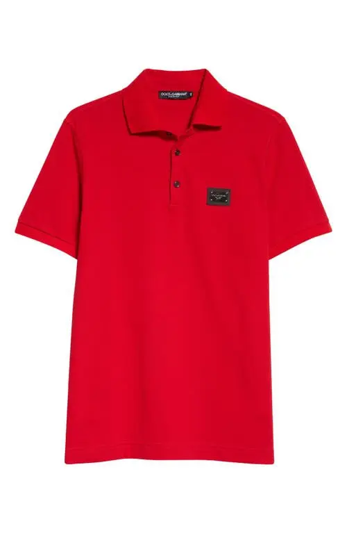 Dolce & Gabbana Logo Plate Cotton Piqué Polo - Bright Red