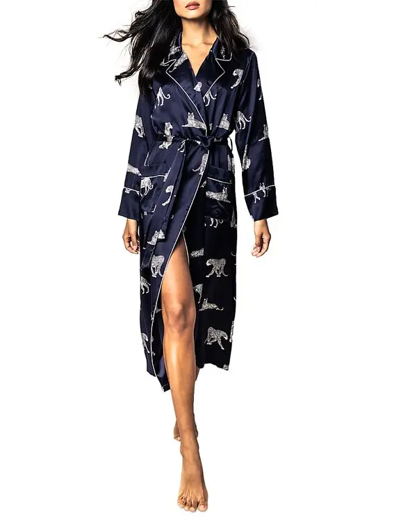 PETITE PLUME Panthere De Nuit Printed Mulberry Silk Robe - Navy