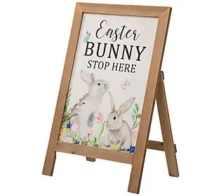 GLITZHOME Easter Bunny Stops Here Standing Porc H Sign Easle - One-color