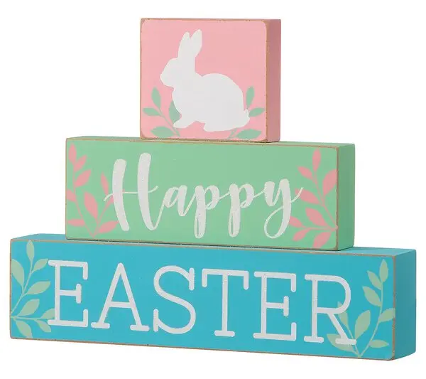 GLITZHOME Happy Easter Pastel Stacked Blocks Ta Le Top Decor