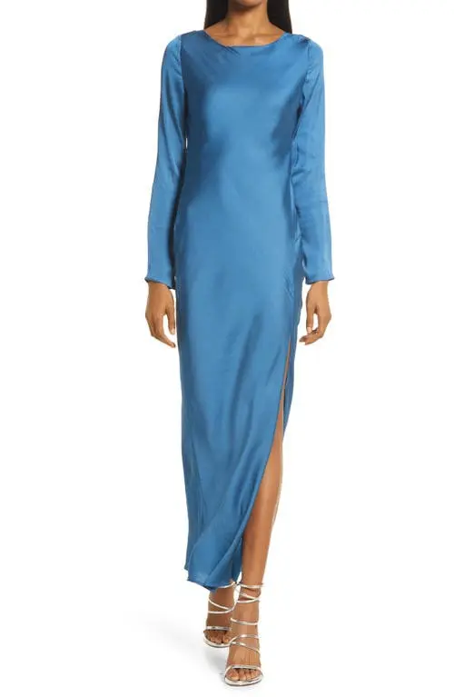 Bardot River Bias Long Sleeve Open Back Satin Dress - Teal