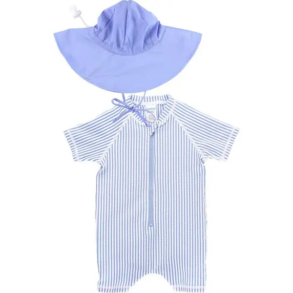 RUGGEDBUTTS Seersucker One-piece Swimsuit & Sun Hat Set - Periwinkle