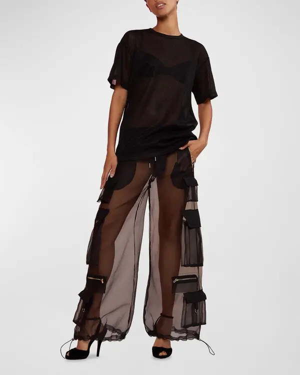 Cynthia Rowley Wide-Leg Sheer Organza Cargo Pants - Black