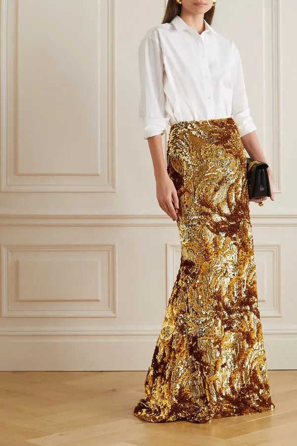 Valentino Garavani Sequined Tulle Maxi Skirt In Gold 40% Off