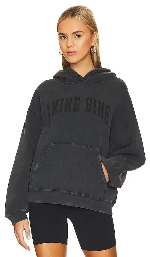 ANINE BING Harvey Distressed Organic Cotton Logo Hoodie - Dark Washed Black