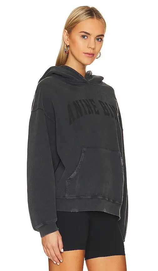 ANINE BING Harvey Distressed Organic Cotton Logo Hoodie - Dark Washed Black