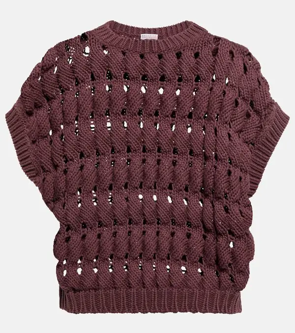 Brunello Cucinelli Open-work Cotton-blend Top - Red